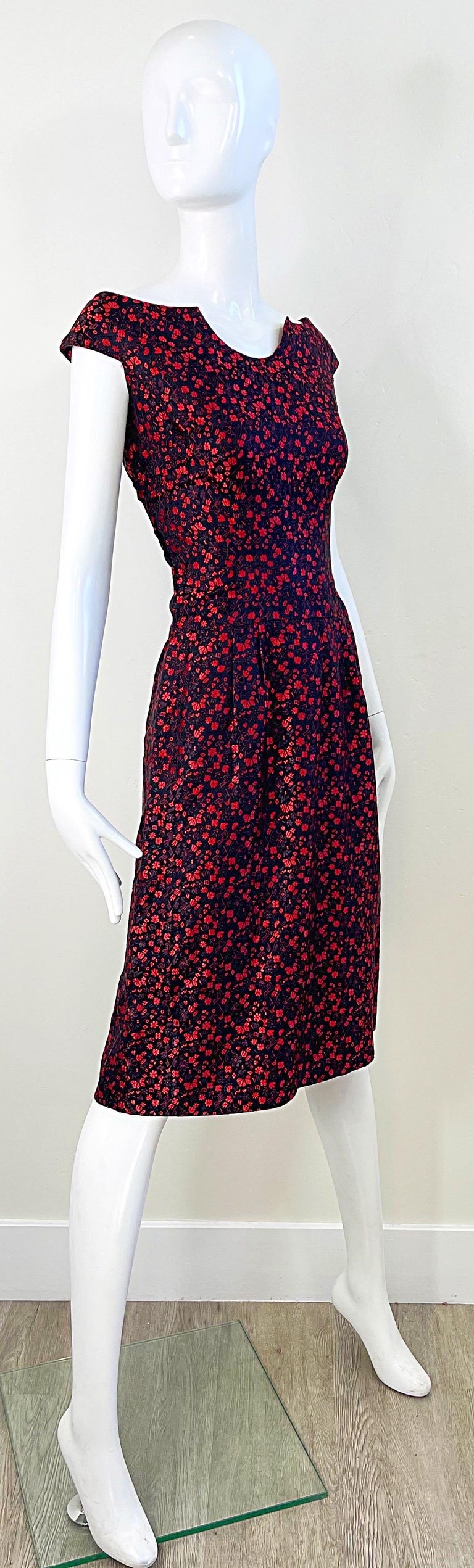 1950s Black and Red Silk Brocade Flower Print Off Shoulder Vintage 50s ...