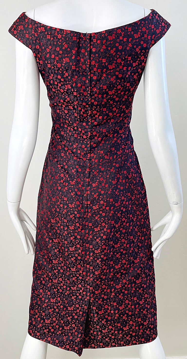 1950s Black and Red Silk Brocade Flower Print Off Shoulder Vintage 50s ...