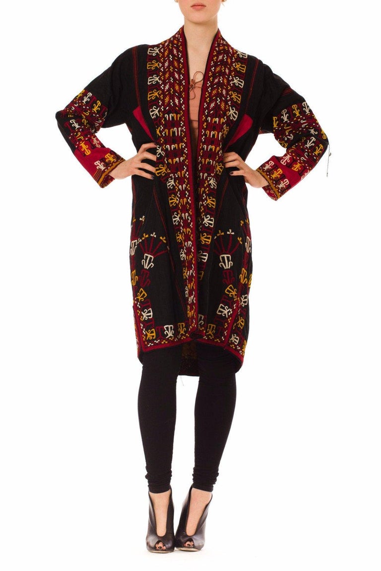 1950S Black Hand Embroidered Silk Middle Eastern Duster Coat Lined With ...