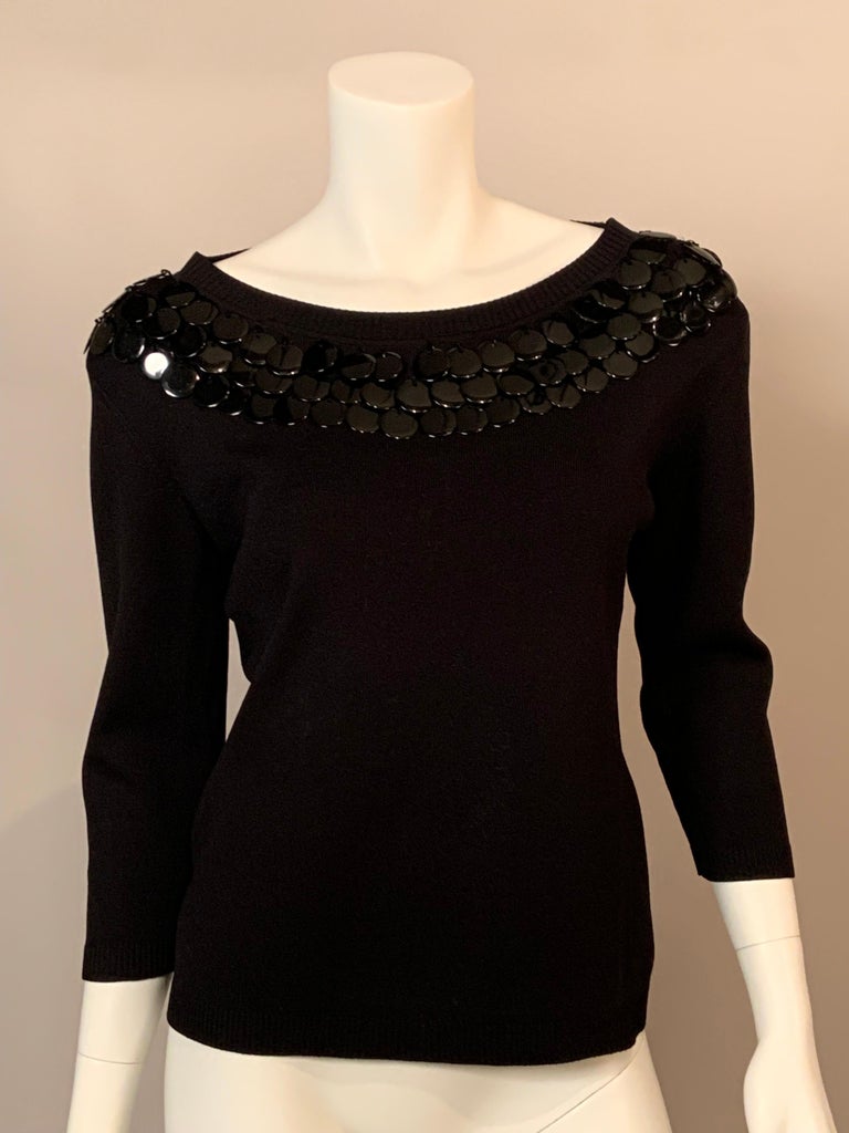 1950s Black Jersey Top Trimmed With Large Round Black Beads At The