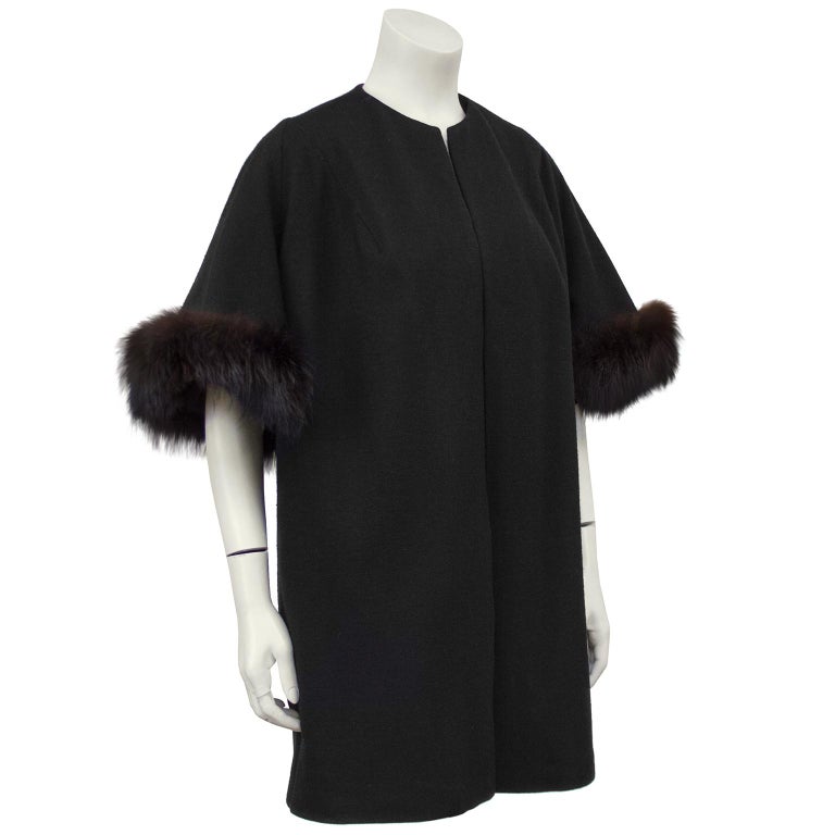 1950s Black Mini Opera Coat with Fur Trim at 1stDibs