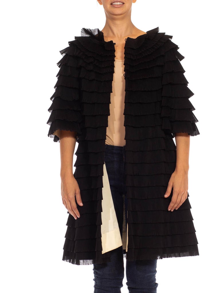 1950S Black Nylon Blend Balenciaga Style Ruffled Coat For Sale at 1stDibs