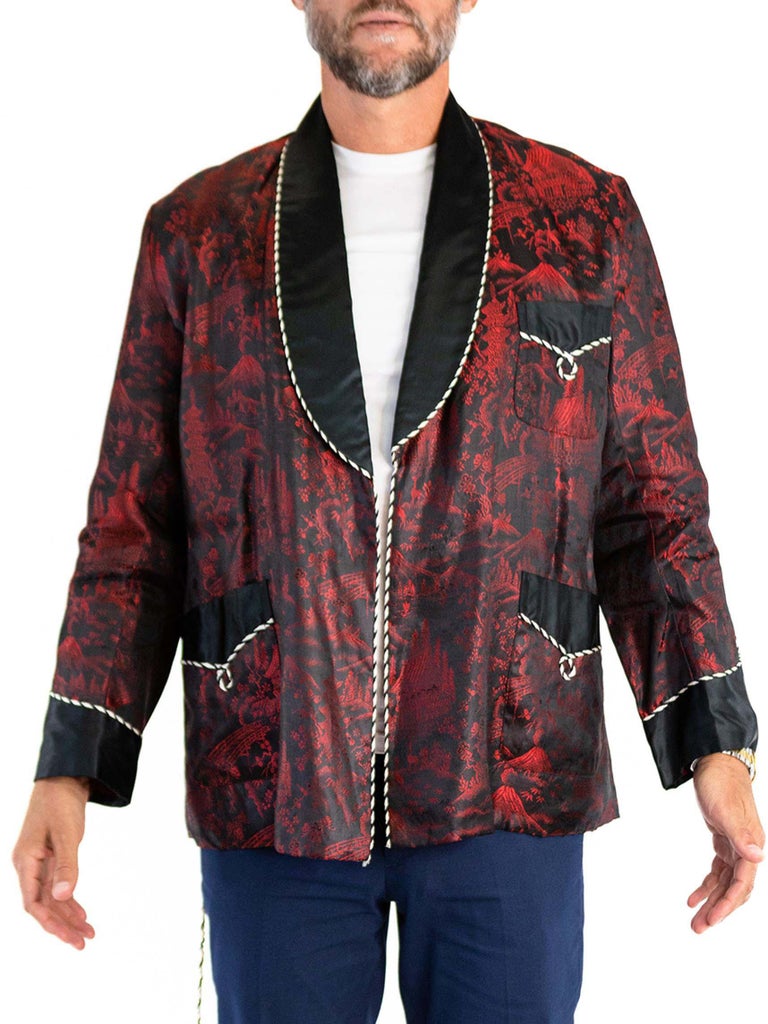 1950S Black and Red Rayon Blend Jacquard Japanese Scenic Smoking Jacket ...