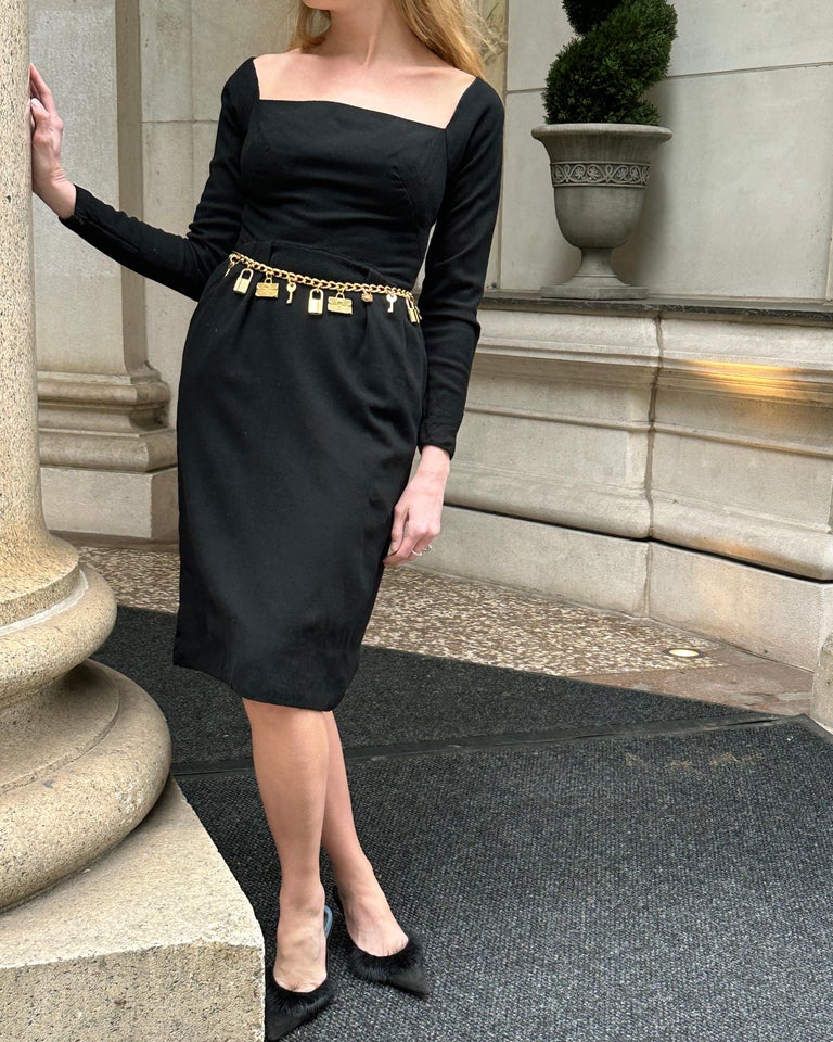 1950s Black Wool Square-Neck Wiggle Dress by Mr. Mort For Sale at 1stDibs