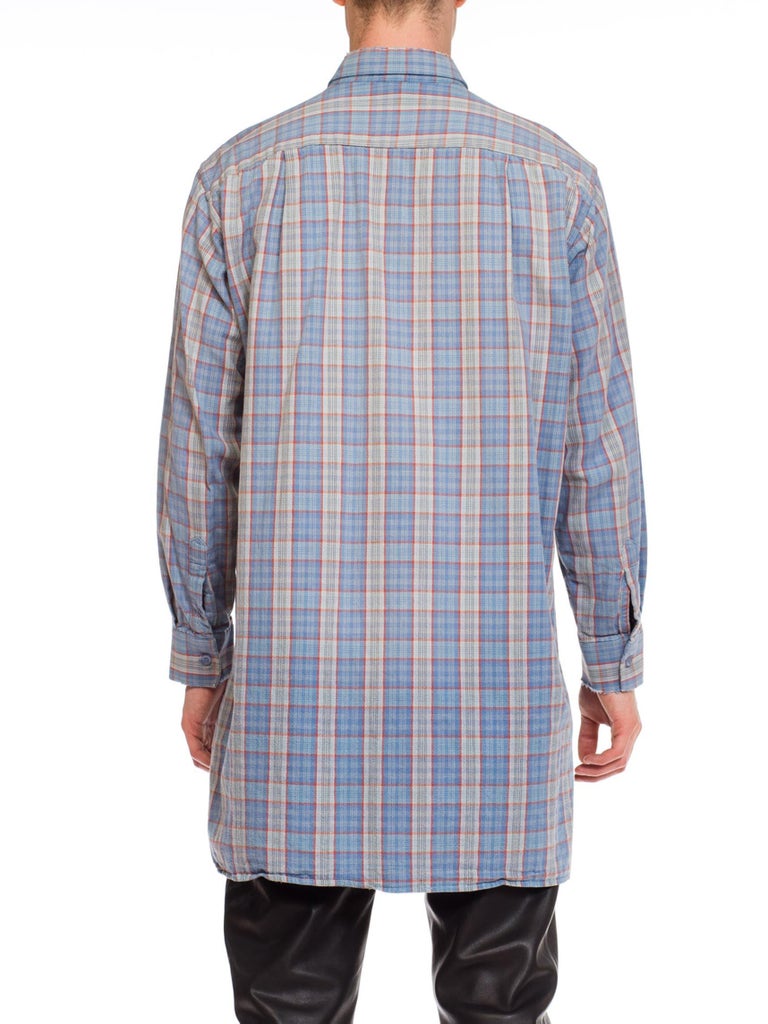 1950S Blue Plaid Cotton Men's Tunic Shirt For Sale at 1stDibs