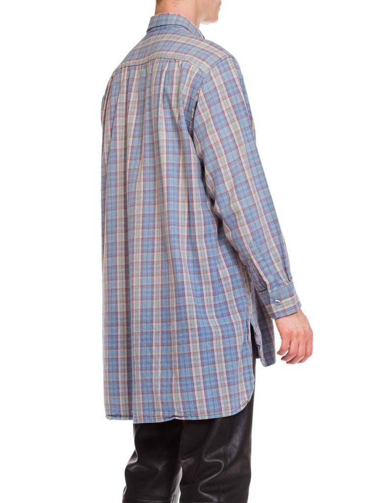 1950S Blue Plaid Cotton Men's Tunic Shirt For Sale at 1stDibs