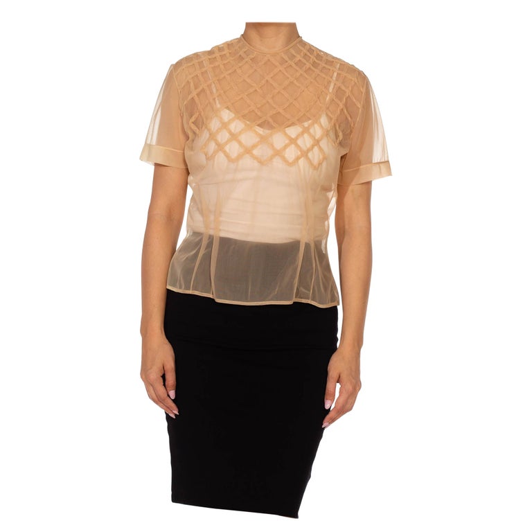 1950S Blush Pink Sheer Nylon Top With Latticework Pin-Tucking For Sale ...
