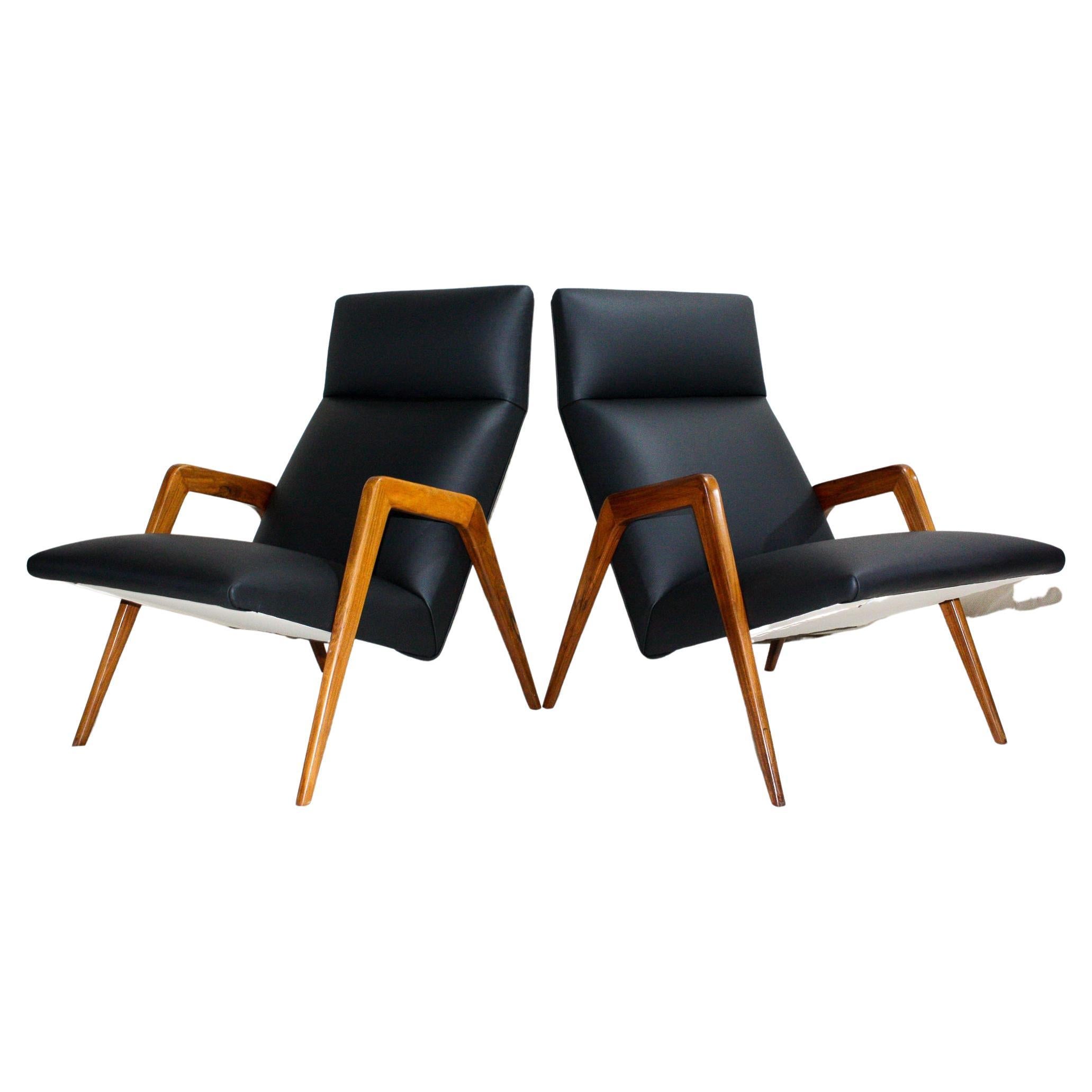 1950s Brazilian Modern Armchairs in Hardwood and Black Leather by ...