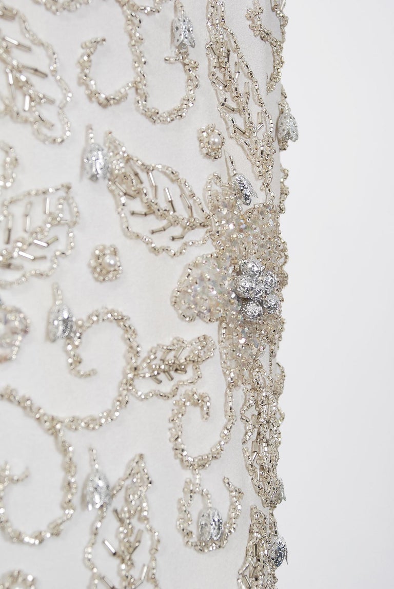 1950's Bruce Arnold Couture Beaded Floral Motif Ivory Crepe Hourglass ...