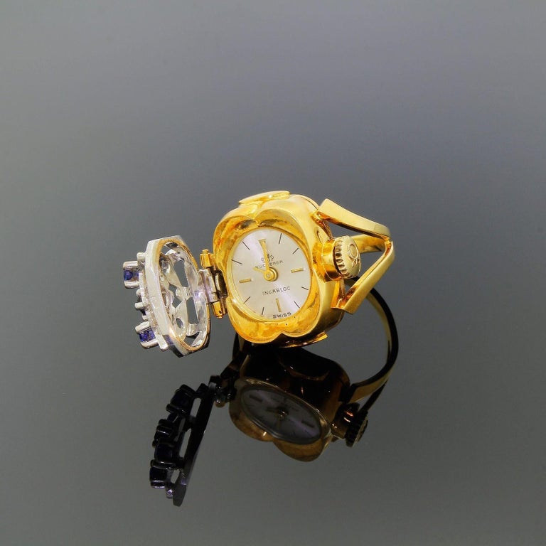 1950s Bucherer 18 Karat 750 White Yellow Gold Sapphire Watch Ring ...