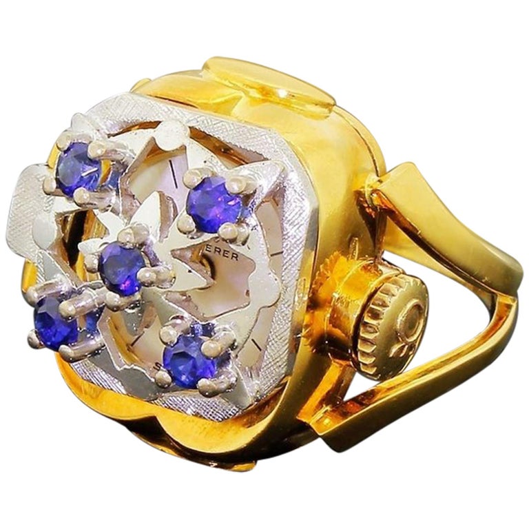 1950s Bucherer 18 Karat 750 White Yellow Gold Sapphire Watch Ring ...