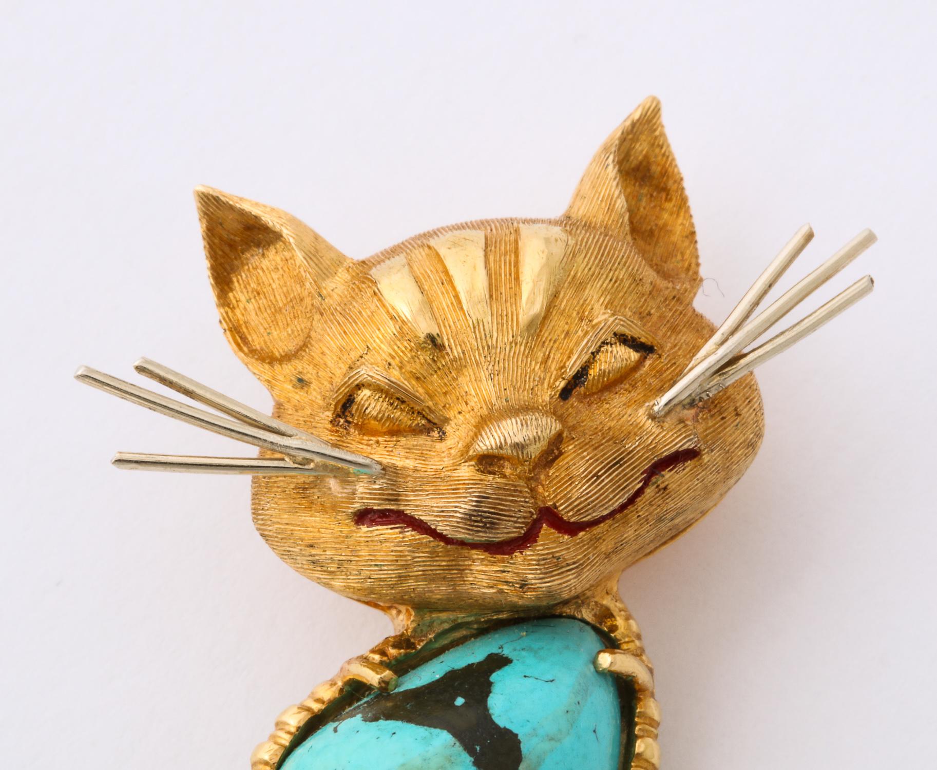 1950s Cartier Italy Whimisical Kitty Cat Turquoise and Gold Brooch Pin ...