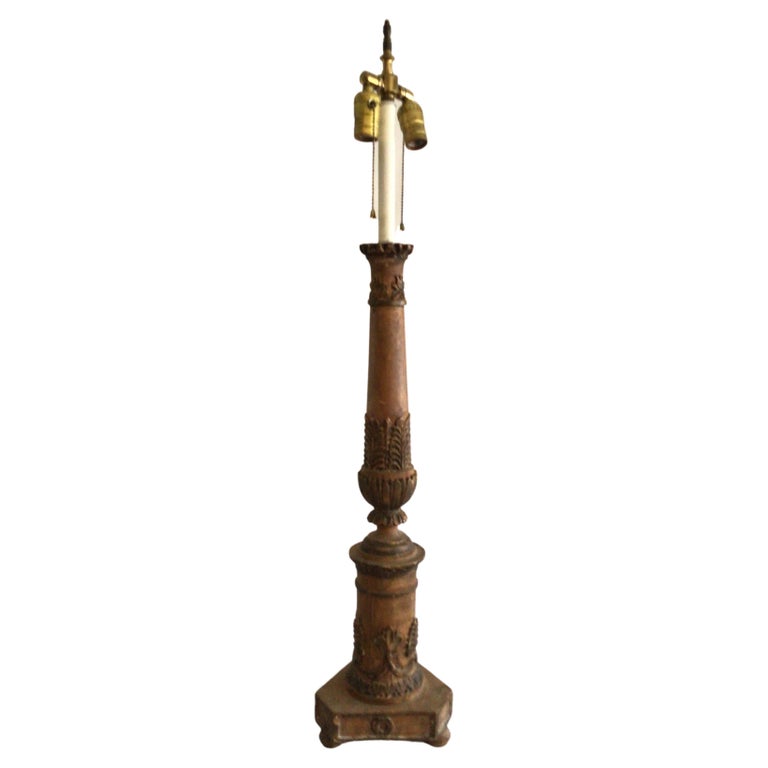 1950s Carved Wood Column Table Lamp For Sale at 1stDibs