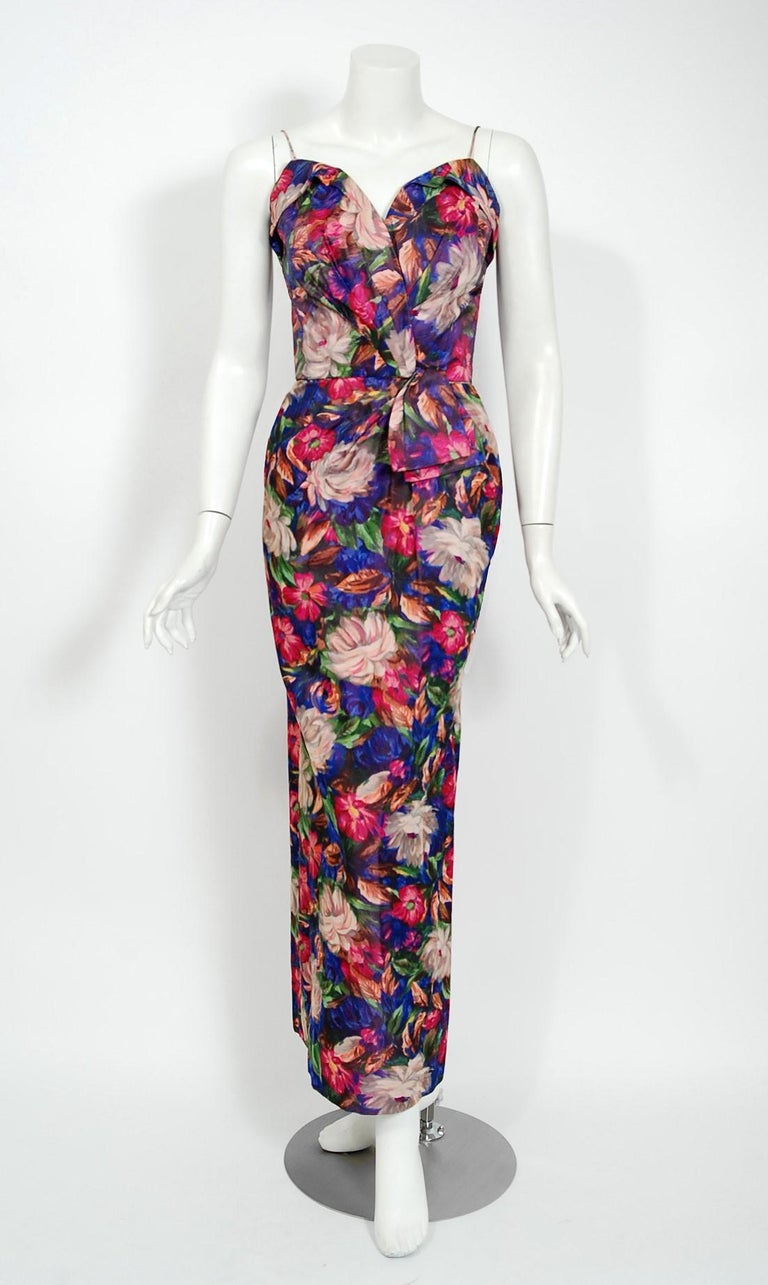 Vintage 1950's Ceil Chapman Watercolor Floral Silk Ruched Plunge ...