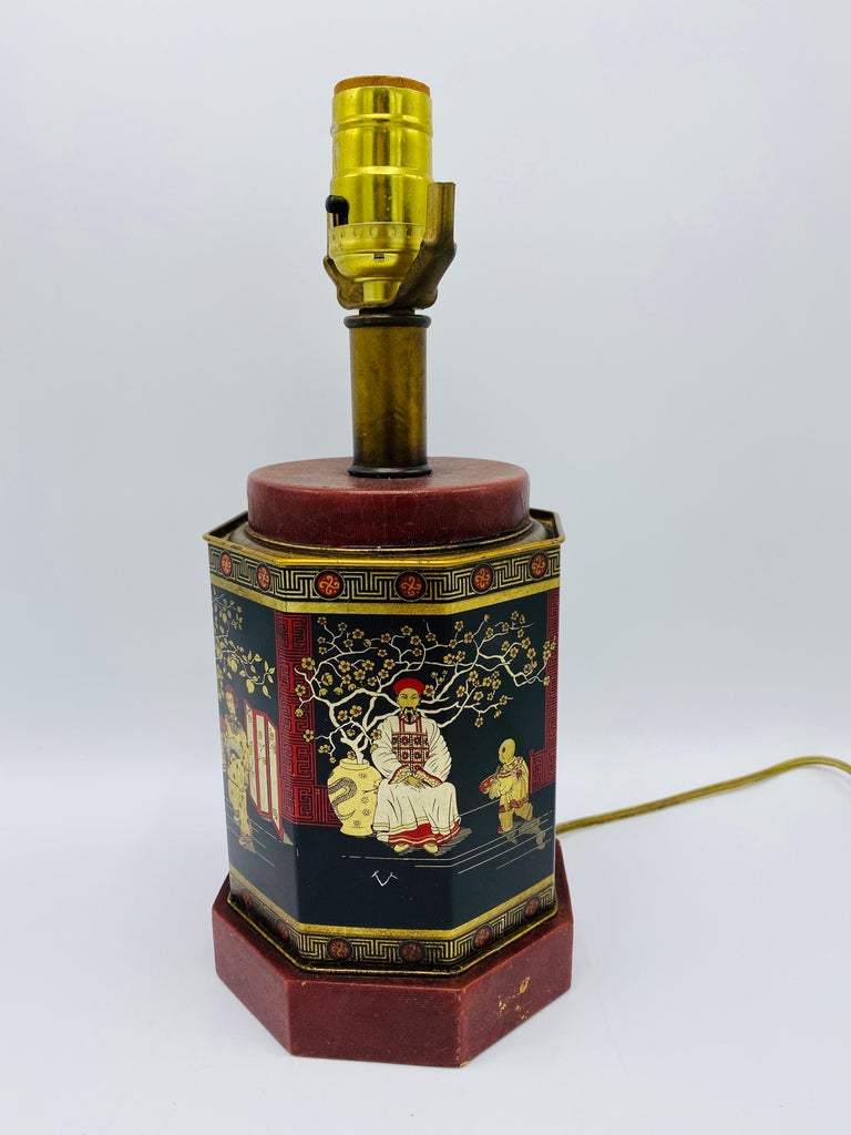 1950s Chinoiserie Red and Black Tole Tea Canister Lamp with Leather ...