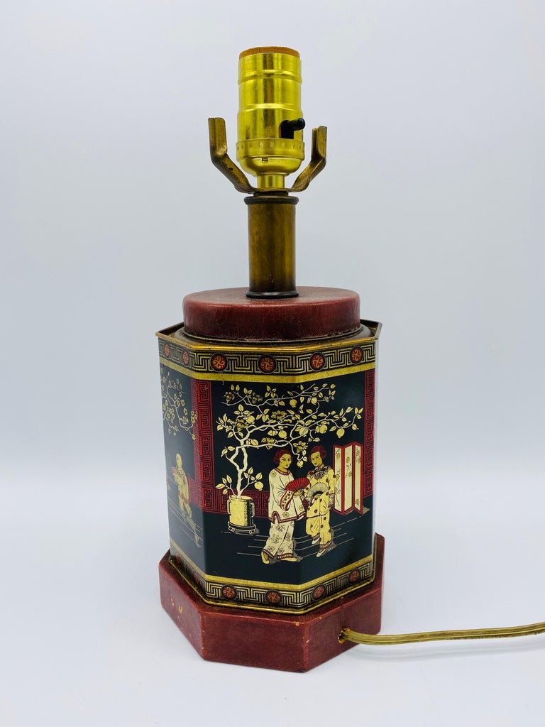 1950s Chinoiserie Red and Black Tole Tea Canister Lamp with Leather ...