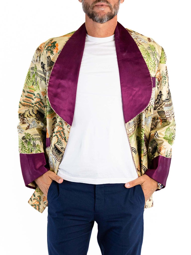 1950S Cream Silk Jacquard Garden Scene Smoking Jacket With Purple Trim ...