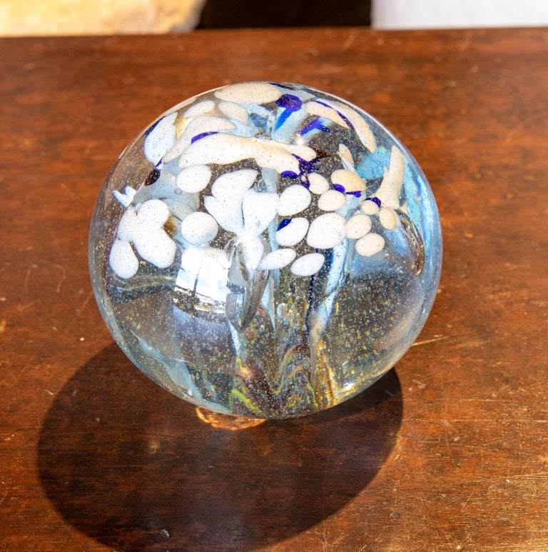 1950s Crystal Paperweight with Flower Decoration For Sale at 1stDibs