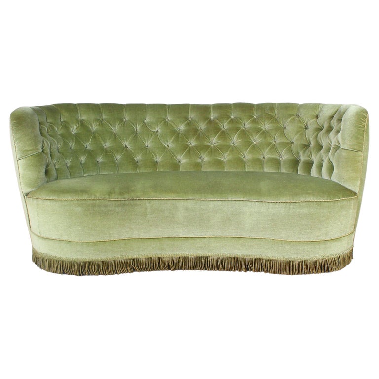 1950s Danish Curved Green Velvet Sofa at 1stDibs