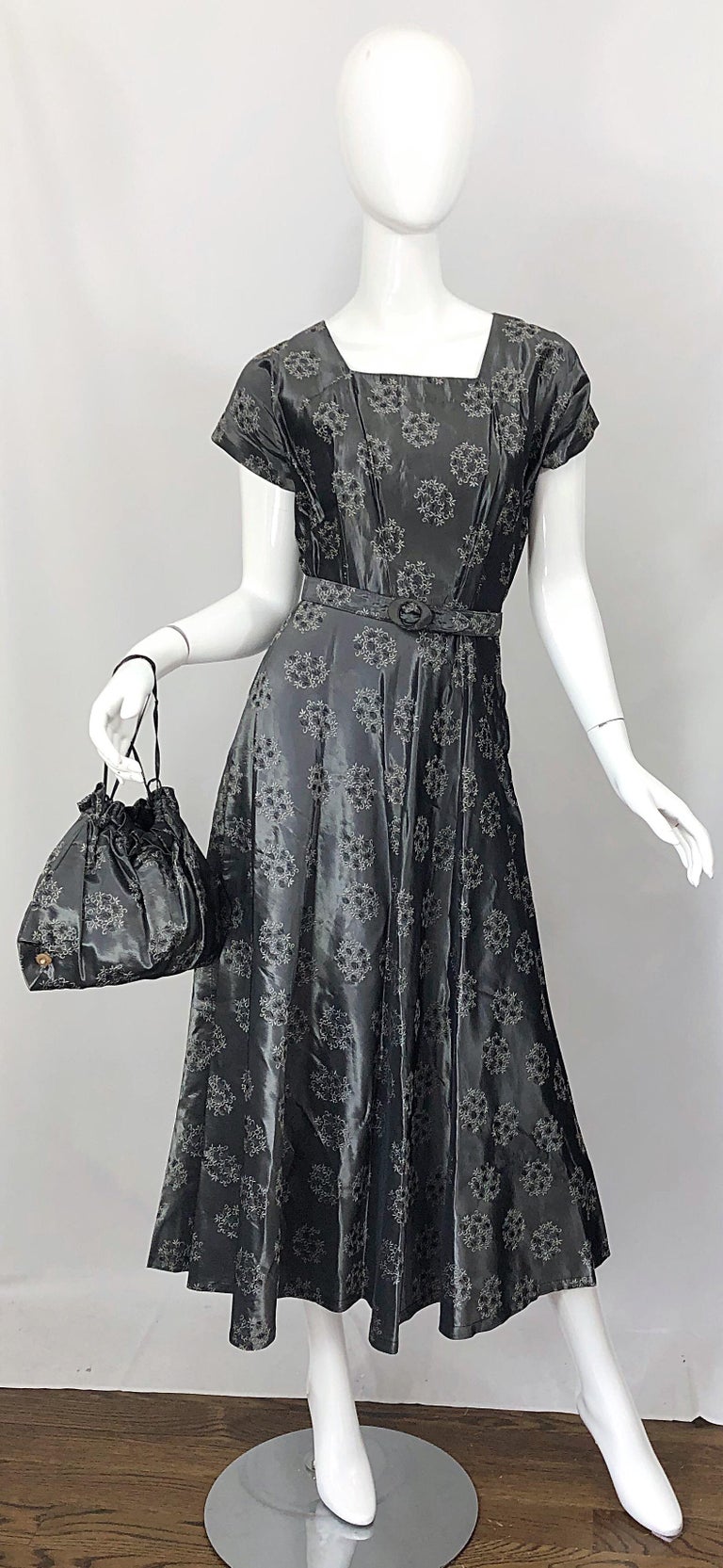 1950s Demi Couture Gunmetal Silver Grey Silk Taffeta Vintage Dress and ...