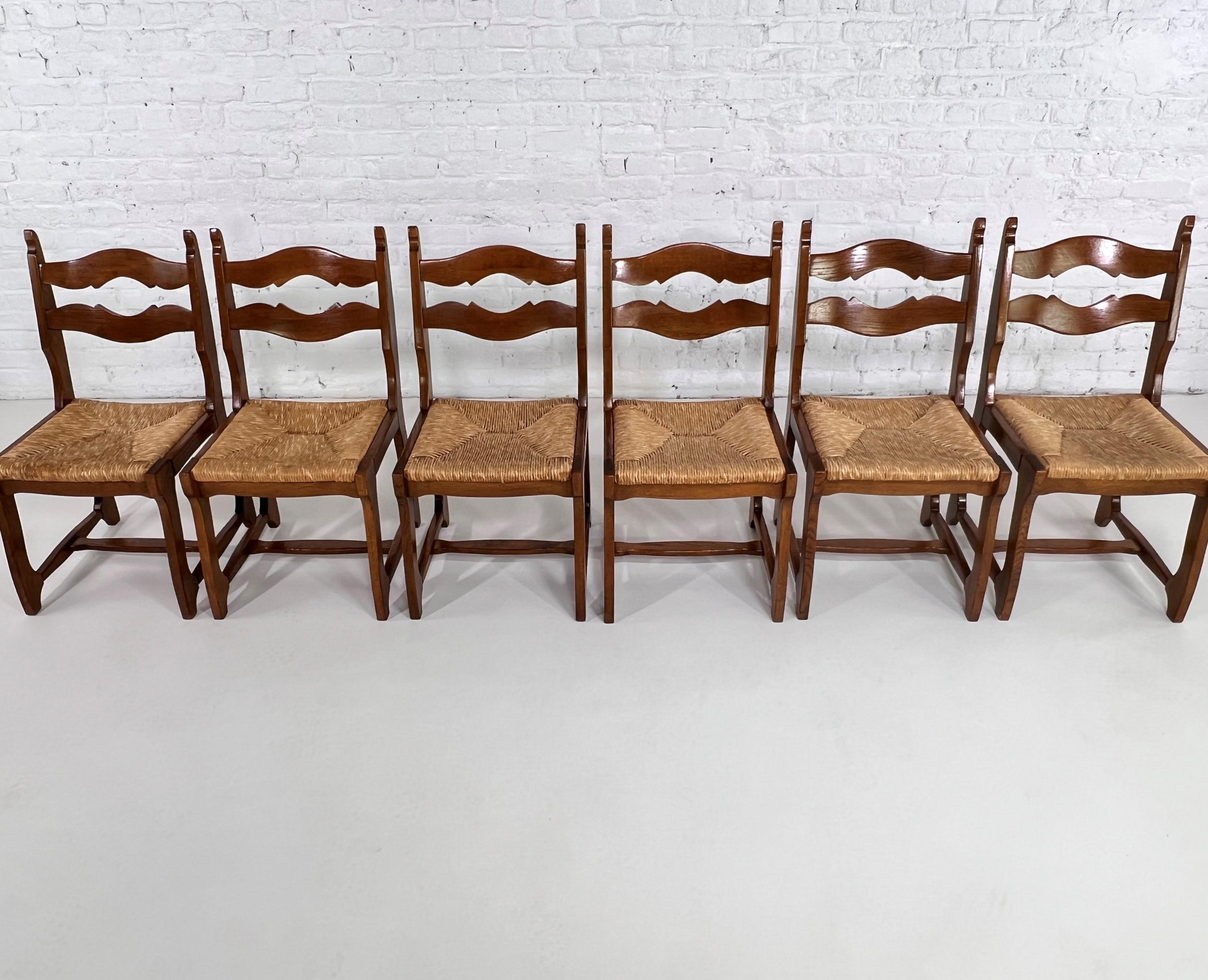 1950s Design Oak Wooden And Braided Straw Seats Set of 6 Chairs For ...