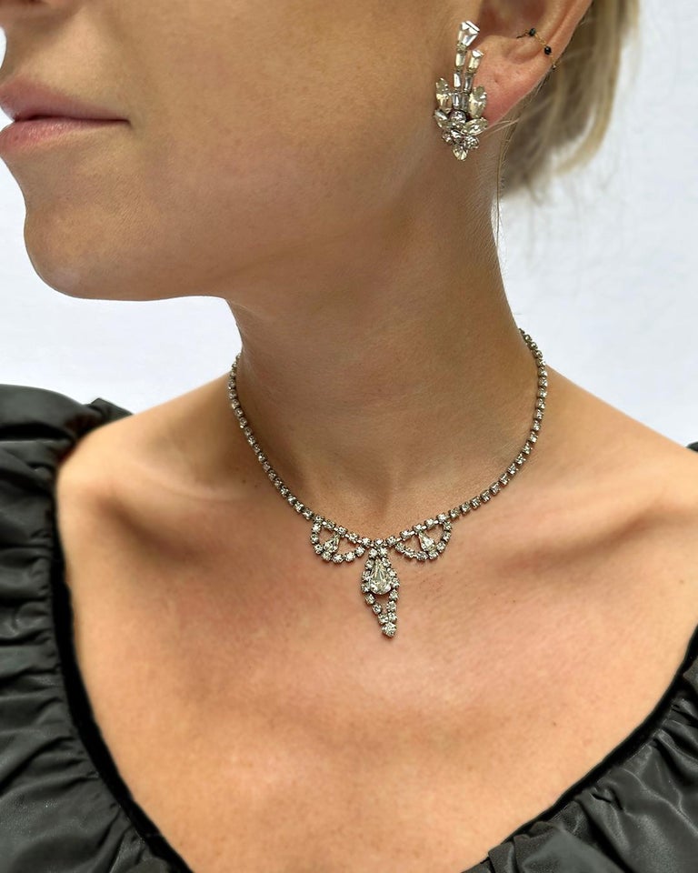 1950s Diamanté Parure: Choker Necklace + Earclips For Sale at 1stDibs