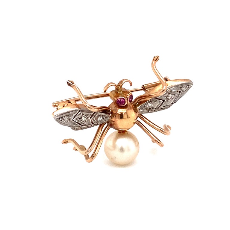 1950s Diamond and Pearl Bee Brooch Pin, 14 Karat Rose Gold and Platinum ...