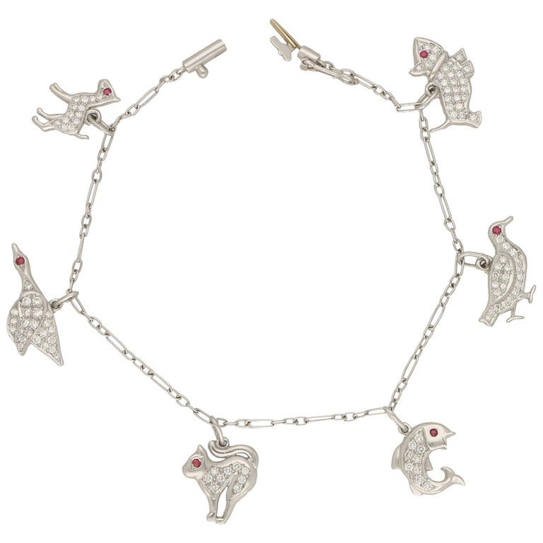 1950s Diamond and Ruby Animal Charm Bracelet Set in Platinum For Sale ...
