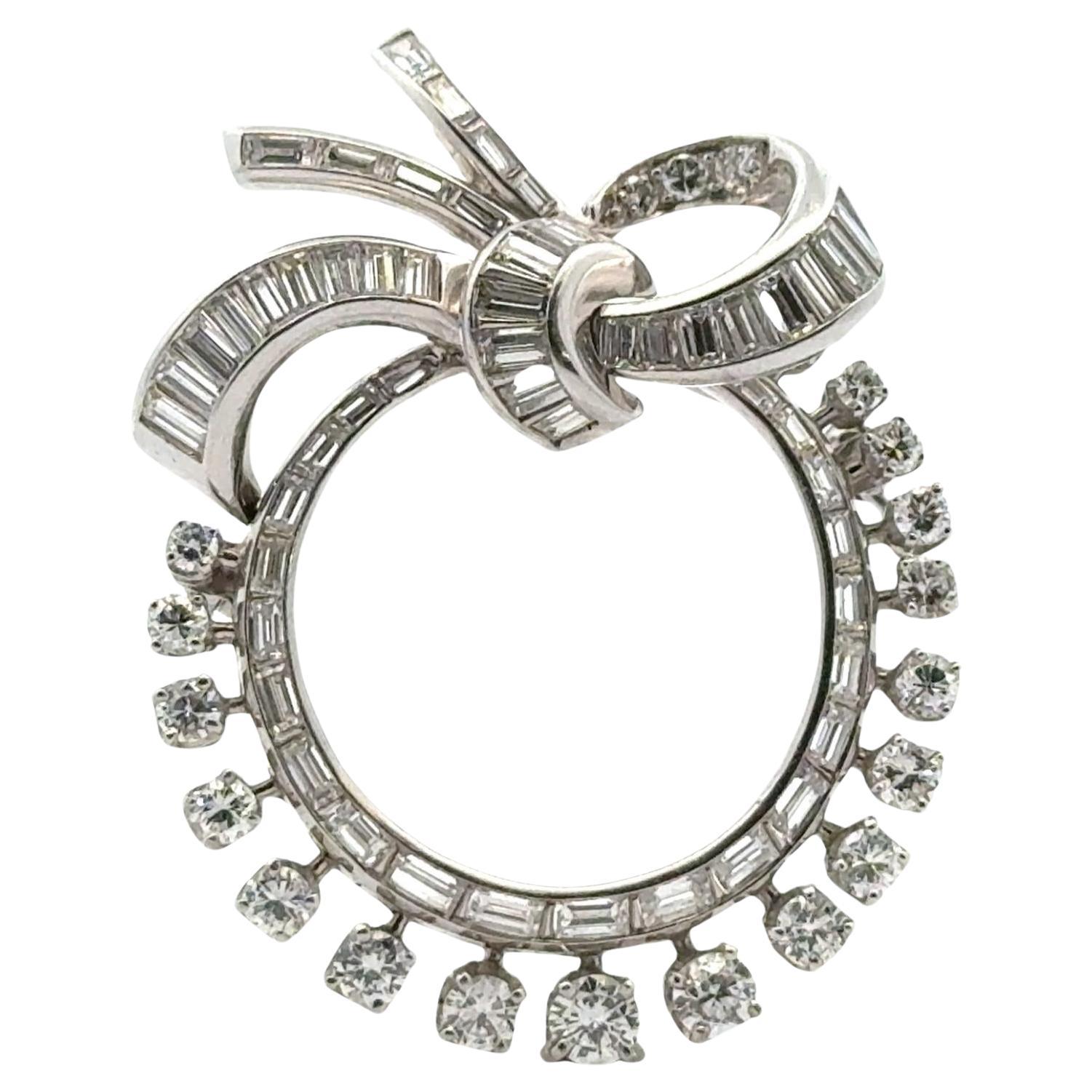 1950's Diamond Platinum Circle Bow Estate Brooch Pin For Sale at 1stDibs