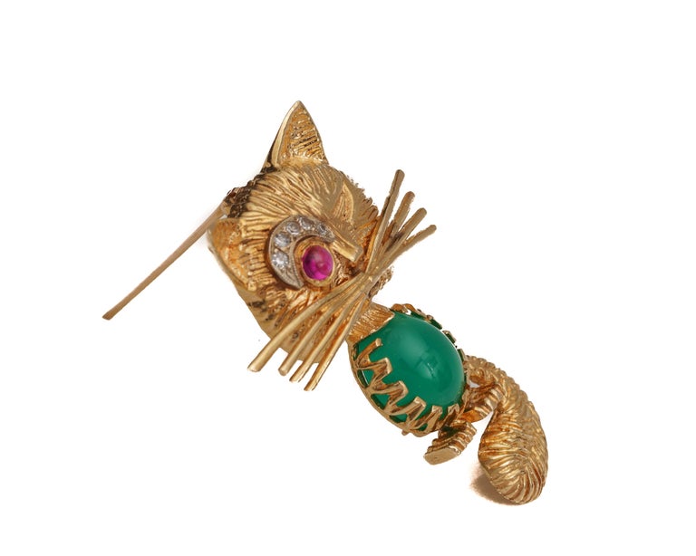 1950s Diamond, Ruby and Jade Winking Cat Pendant Brooch at 1stDibs ...