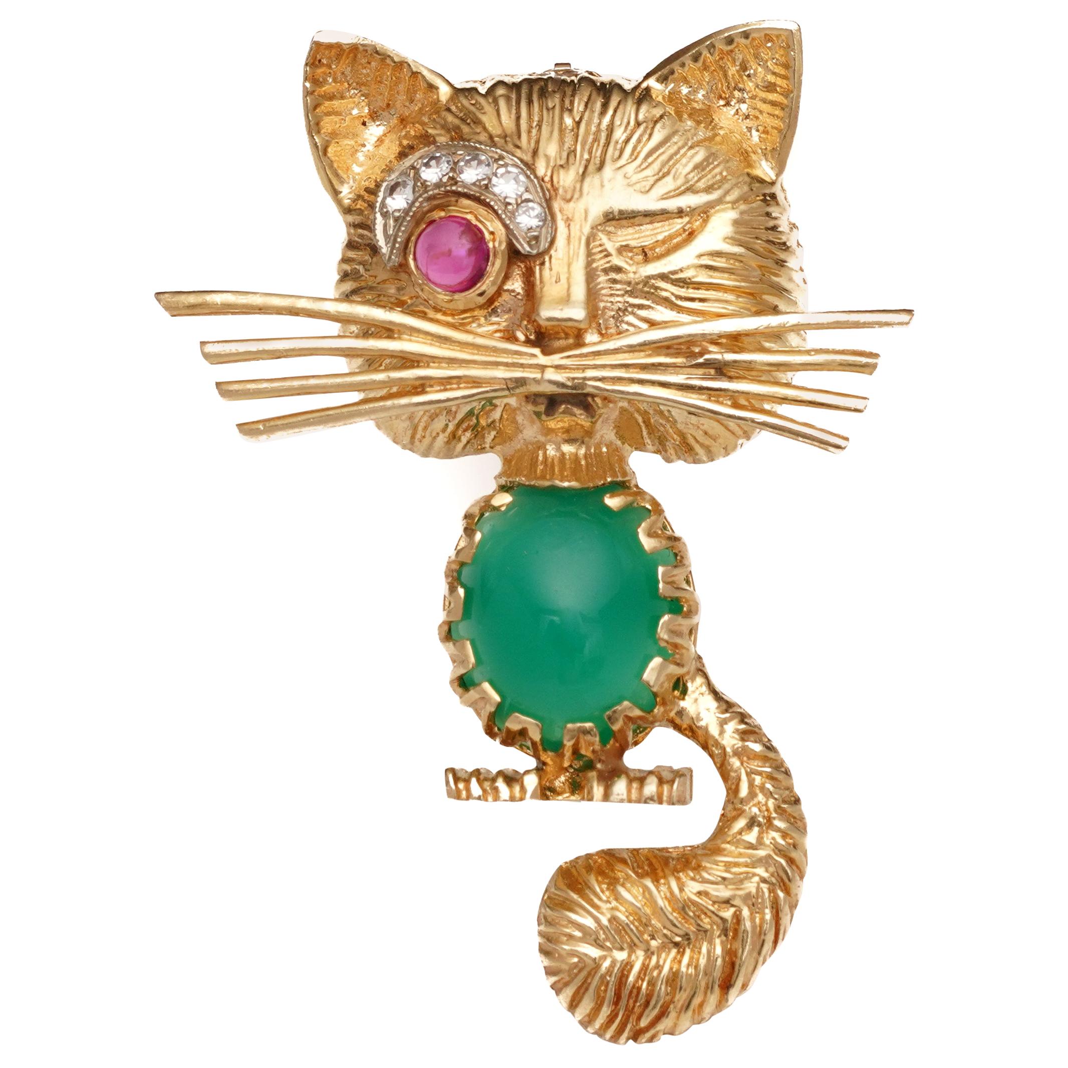1950s Diamond, Ruby and Jade Winking Cat Pendant Brooch at 1stDibs ...