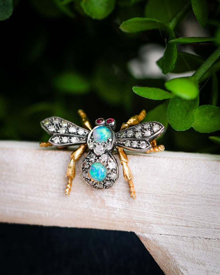 1950s Diamond Ruby Opal 18 Karat Gold and Sterling Silver Insect Brooch ...