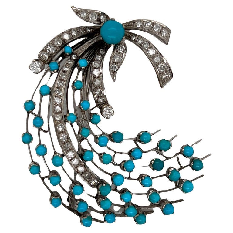 1950's Diamond Turquoise 18 Karat White Gold Spray Pin Brooch Estate ...