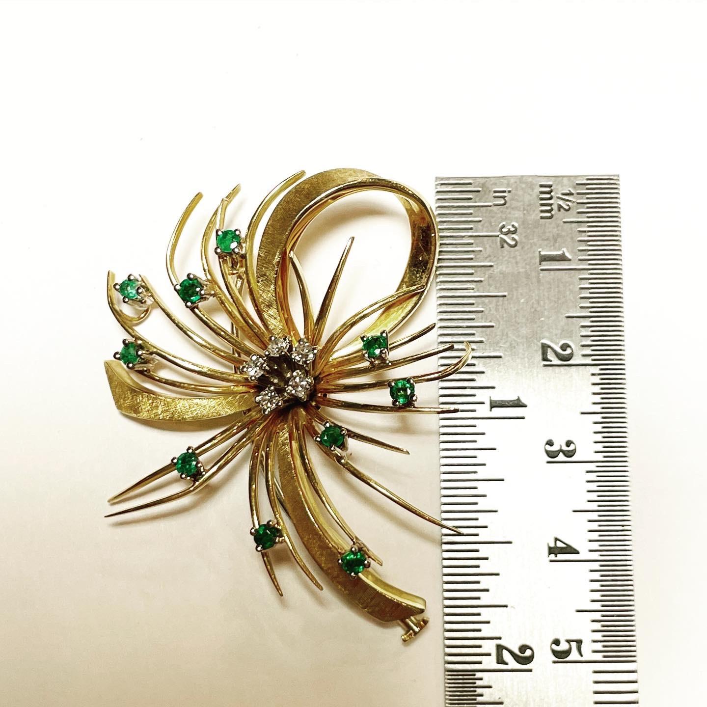 1950s Diamonds Emeralds Nuanced 18K Yellow Gold Stylized Ribbon Brooch ...
