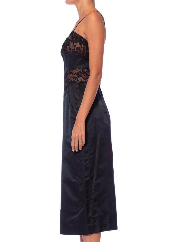 1950'S DON LOPER Black Silk Duchess Satin Cocktail Dress With Sheer ...