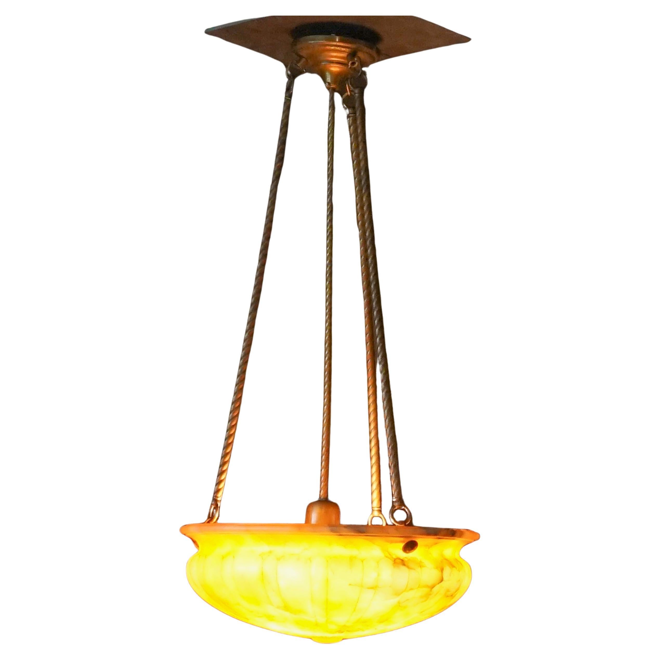 1950s Dutch Salmon Pink Orange Carved Alabaster Pendant with Turned ...