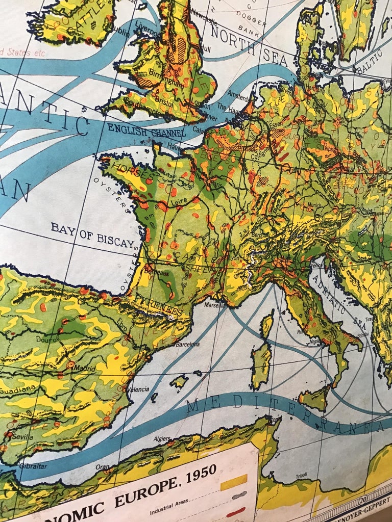 1950s Economic European Pull Down School Map at 1stDibs