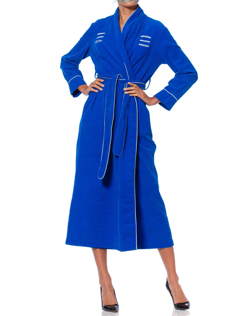 1950S Electric Blue Cotton Corduroy Robe With White Piping and Cute ...