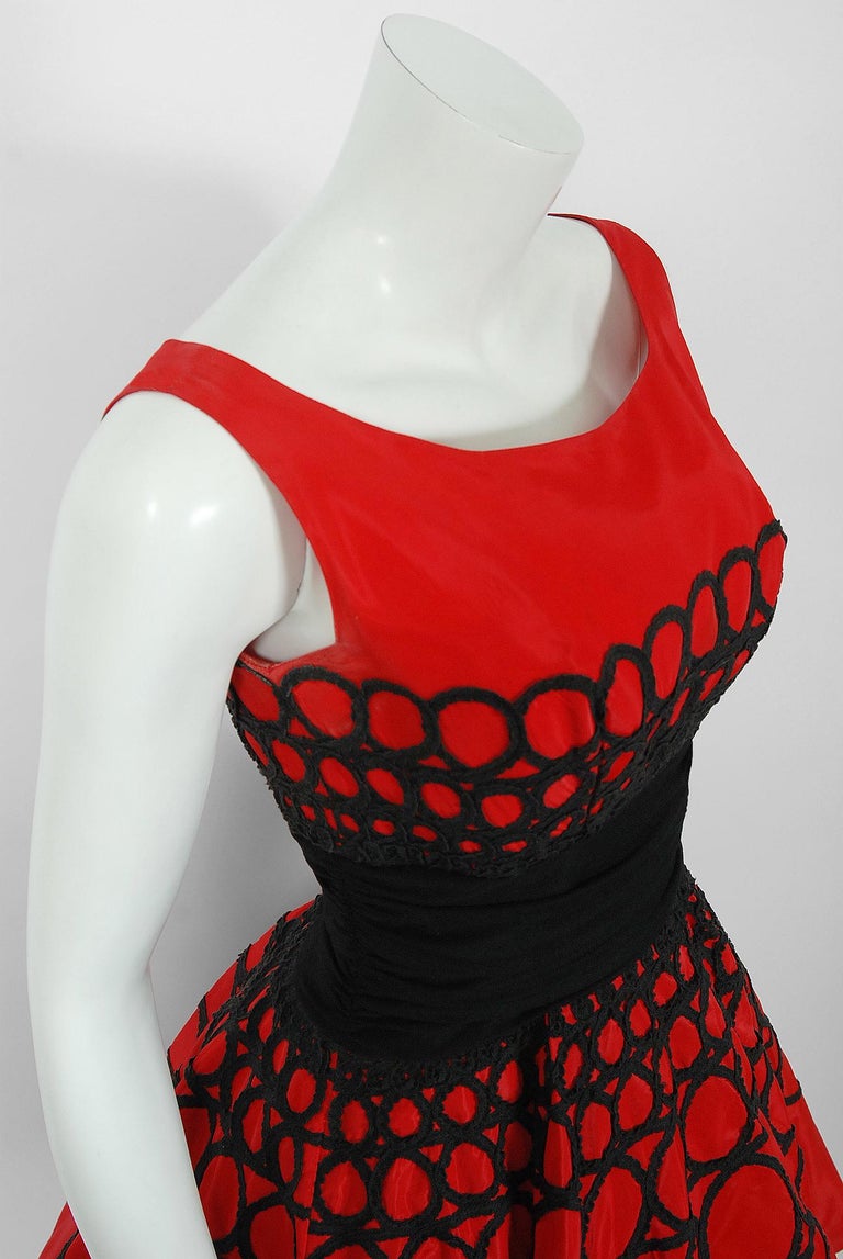 Vintage 1950's Embroidered Red Taffeta Black Wool Cummerbund Circle ...