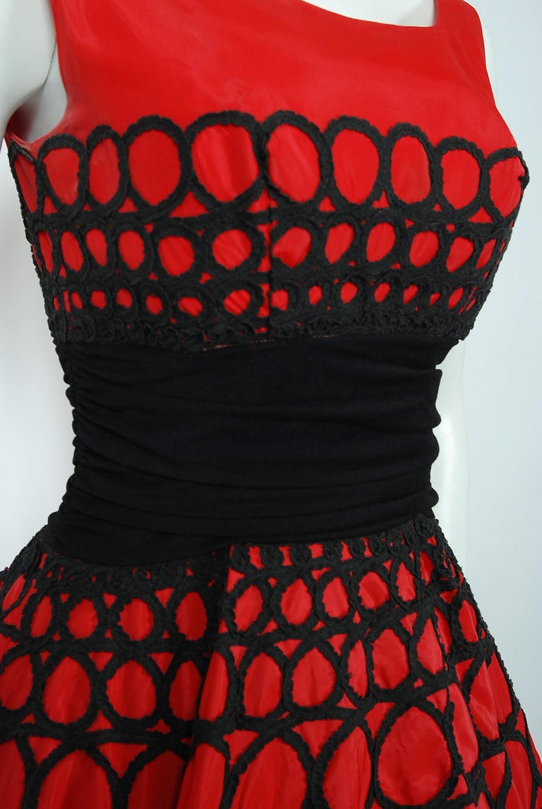 Vintage 1950's Embroidered Red Taffeta Black Wool Cummerbund Circle ...
