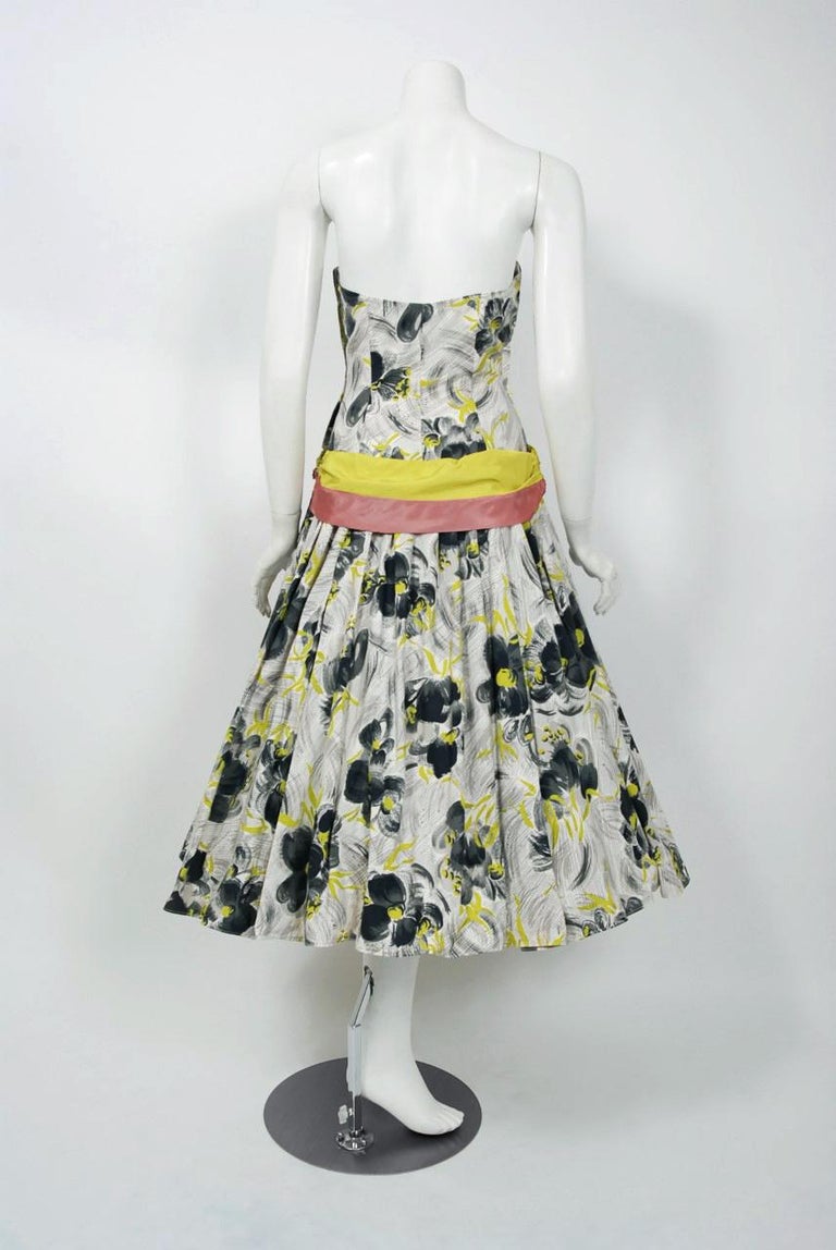Vintage 1950s Emma Domb Grey Chartreuse Floral Print Cotton Strapless ...