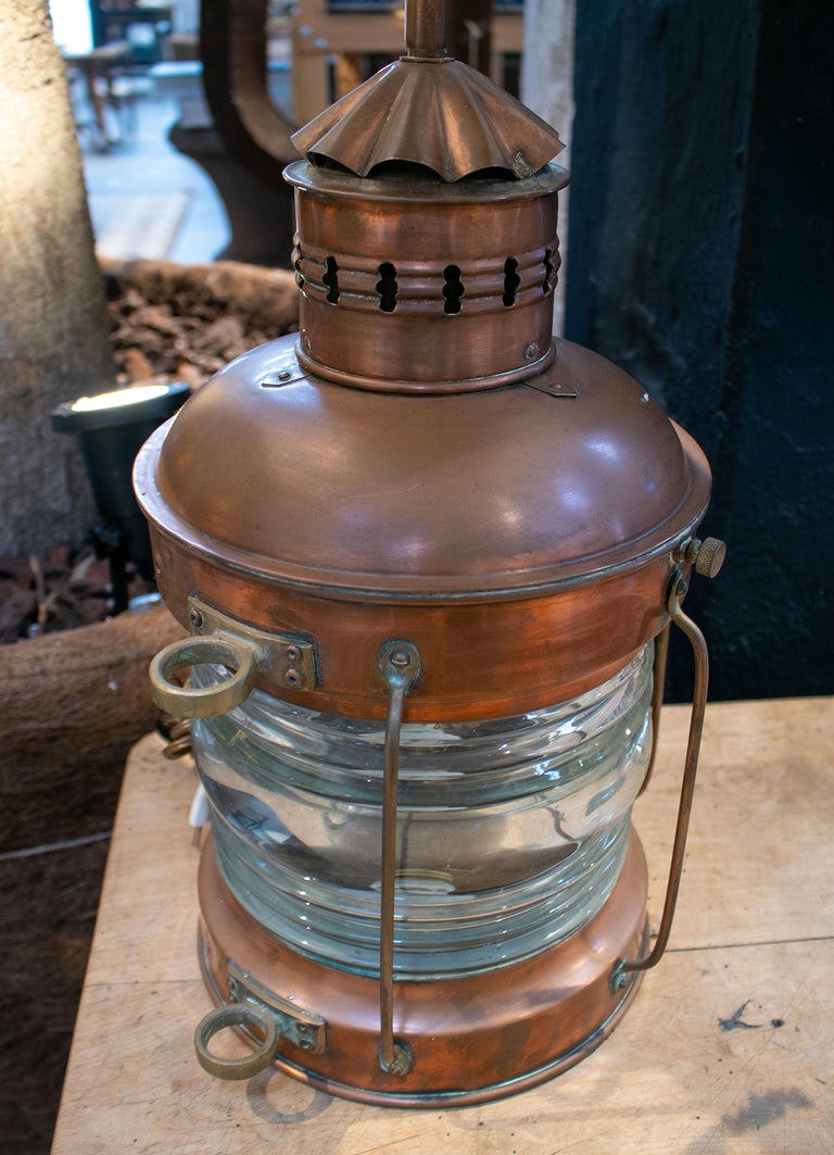 1950s English Bronze and Glass Ship Table Lamp with Shade at 1stDibs