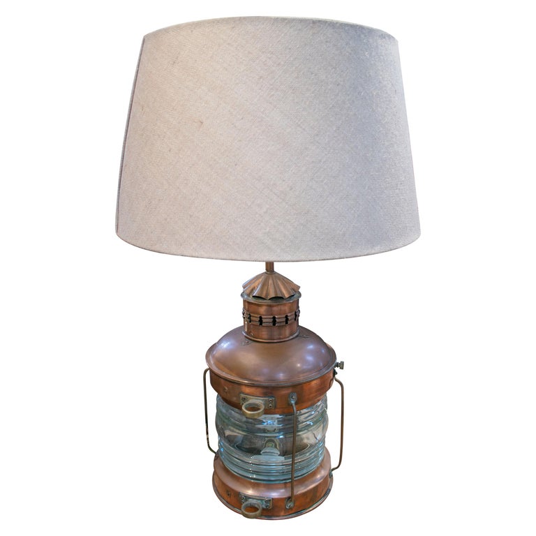 1950s English Bronze and Glass Ship Table Lamp with Shade at 1stDibs