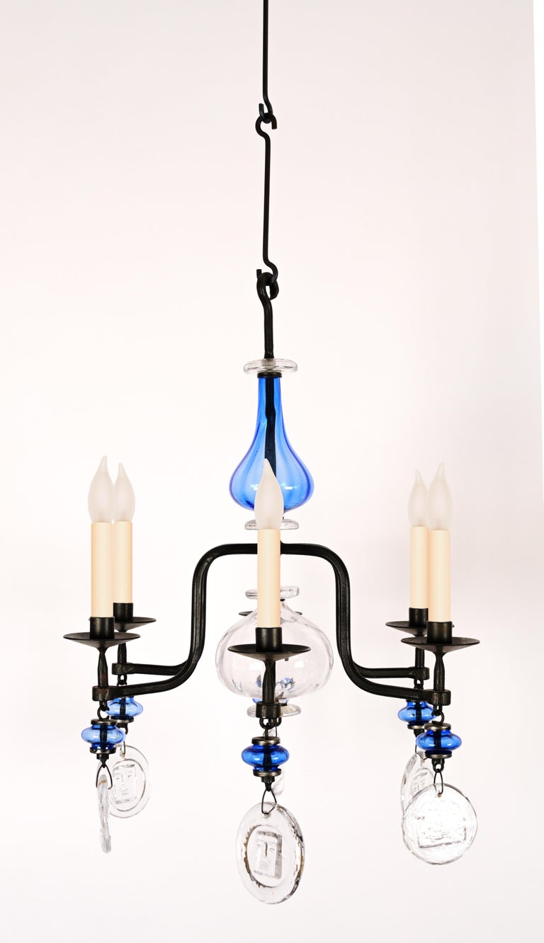 1950s Erik Hoglund Six Arm Blue Glass Chandelier For Sale at 1stDibs