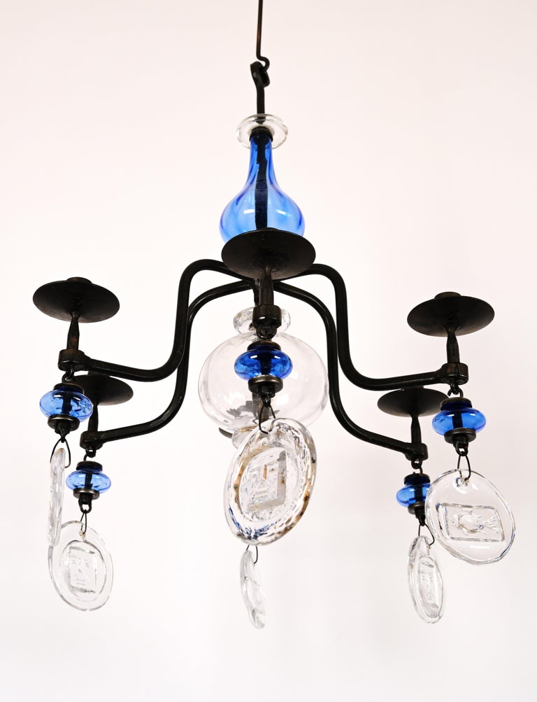 1950s Erik Hoglund Six Arm Blue Glass Chandelier For Sale at 1stDibs