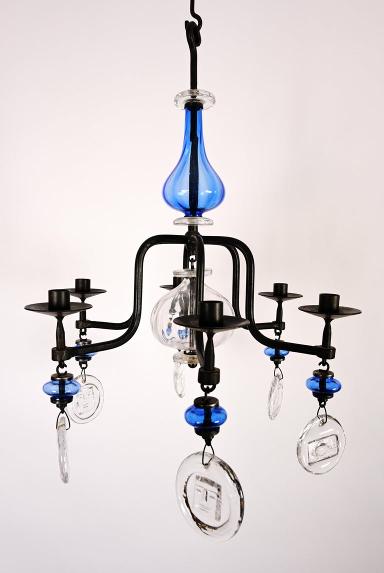1950s Erik Hoglund Six Arm Blue Glass Chandelier For Sale at 1stDibs