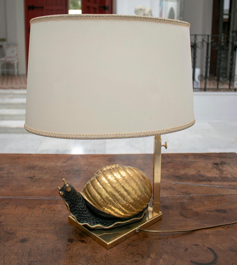 1950s European Snail Shaped Terracotta Lamp with Bronze Base and Shade ...