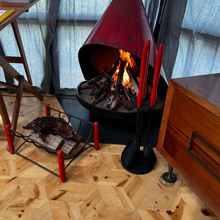 1950s Fabulous Modernism Red Fireplace Tool Set and Log Holder For Sale ...