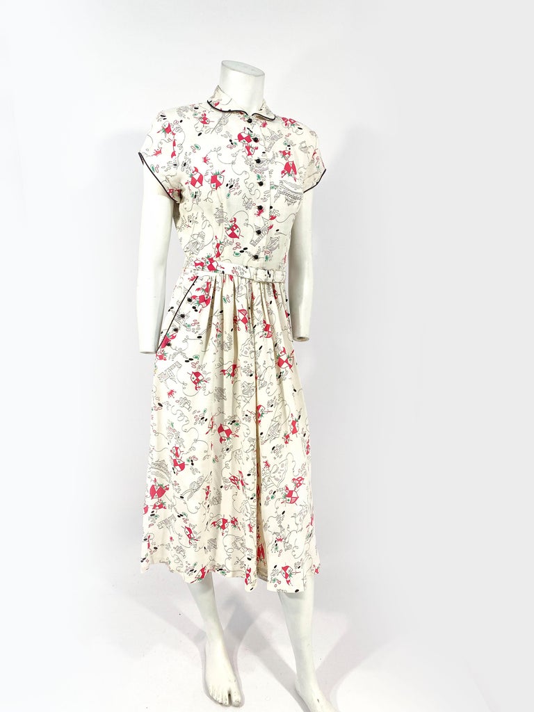 1950s Fantasy Printed Rayon Day Dress For Sale at 1stDibs