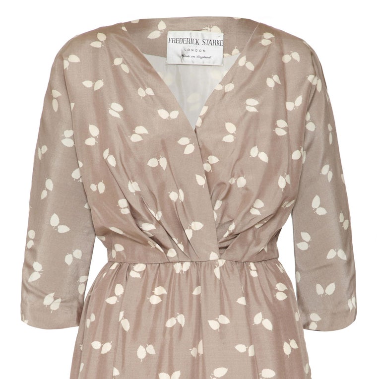 1950s Frederick Starke Couture Grey Leaf Print Silk Dress For Sale at ...